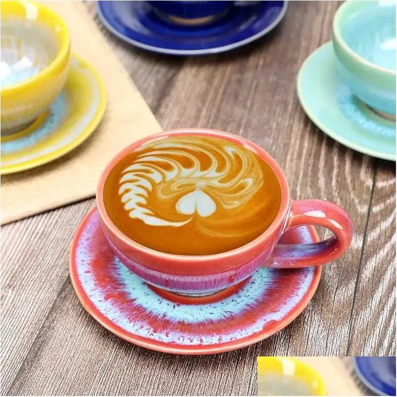 Handmade Kiln Latte Art Ceramic Coffee Travel Mug And Saucer Set 150ml ...