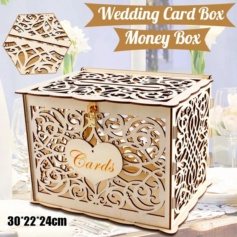 Wooden Country Wedding Card Box With Lock And Floral Pattern DIY Couple ...