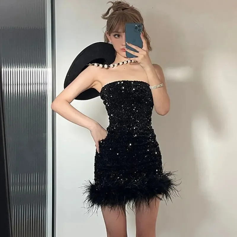 Sexy Black Sequin Furry Tube Top Dress For Women Vintage Elegant Skirt ...