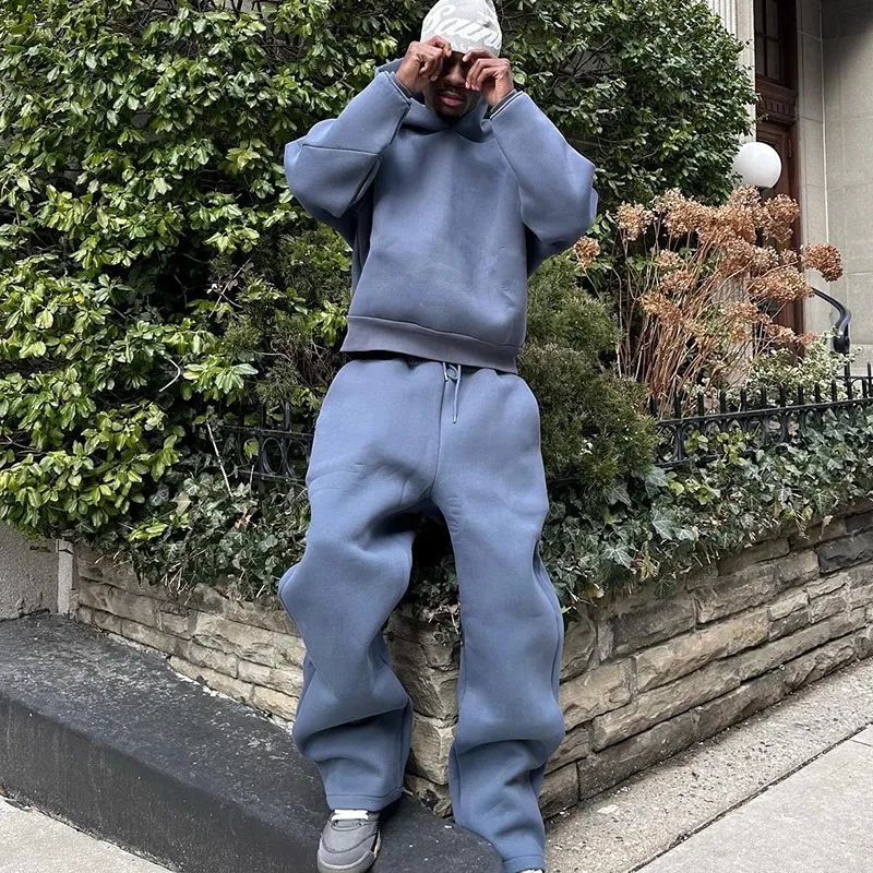 Men Cotton Vintage Tracksuit Set Hooded Pullover Straight Pants Casual ...