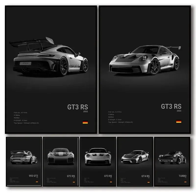 Pop Black And White German Sports Car Poster Wall Art 911 RS Turbo ...