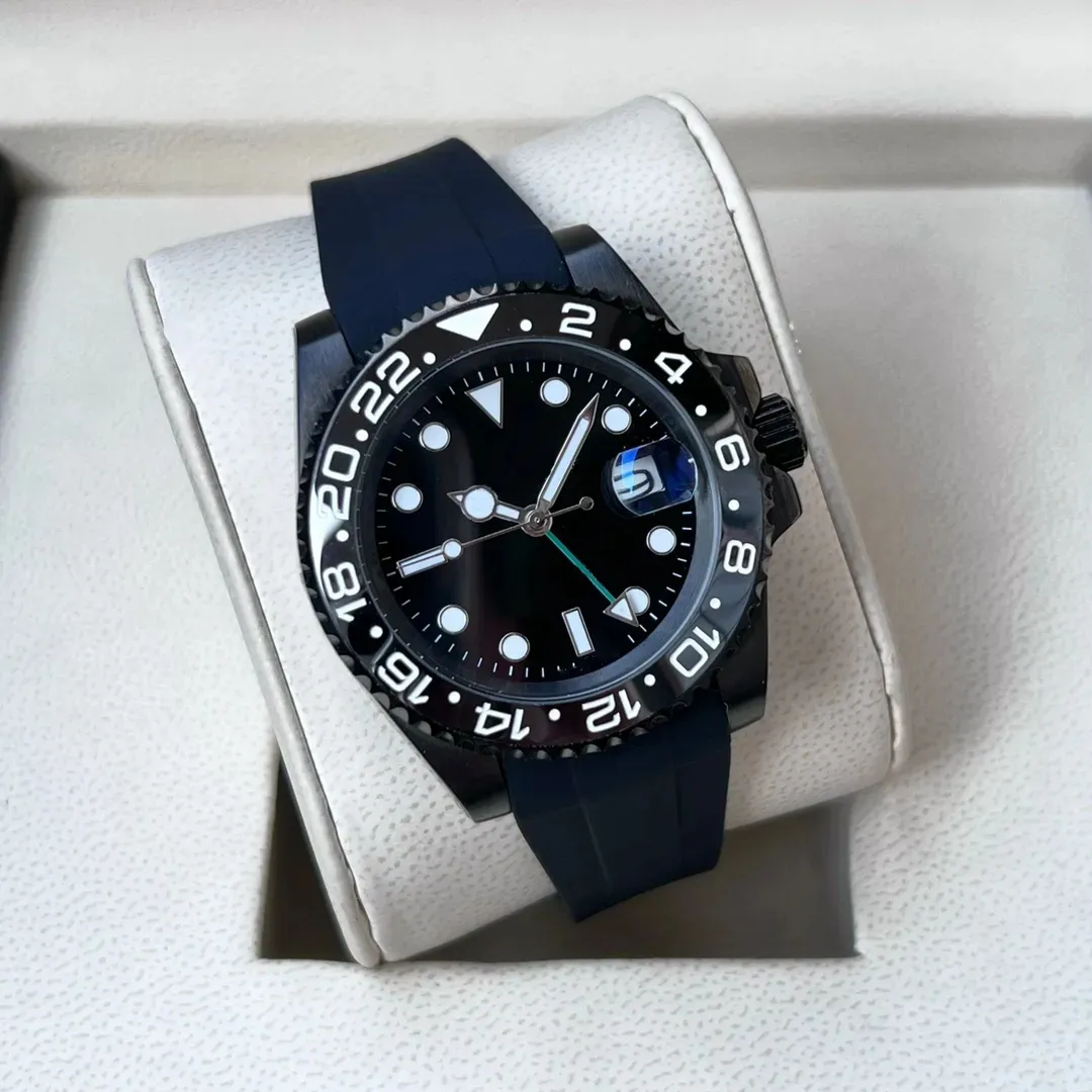 GMT Designer Mens Dual Time Zone Watch Pure Black Bezel Rubber Strap ...
