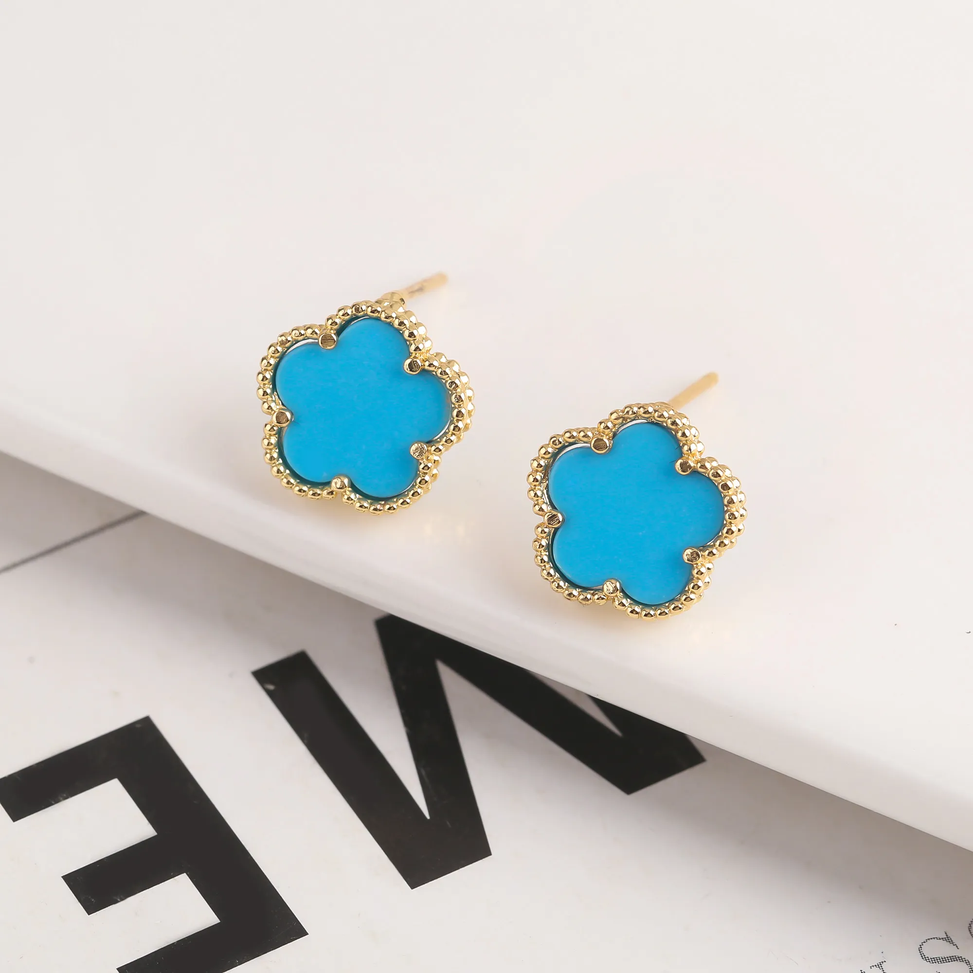 Four Leaf Clover Earrings 18K Gold Plated Copper with Black Crystal and ...