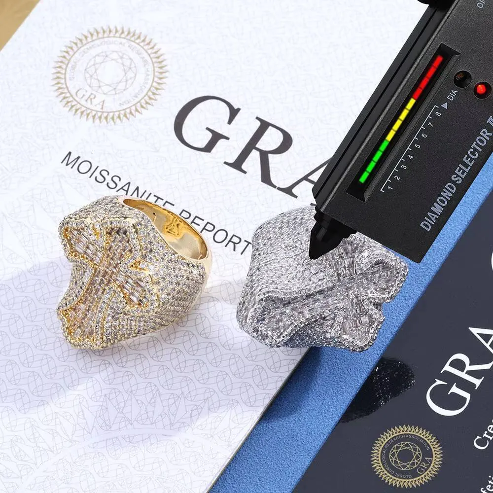 Hip Hop Rapper Jewelry Shiny Diamond Cross Ring For Men White Gold ...