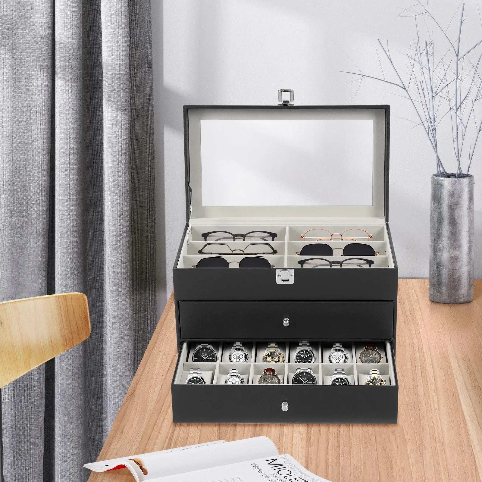 250801 Watch Box 12 Watch Eyeglass Display Case With Clear Glass Top 3 ...