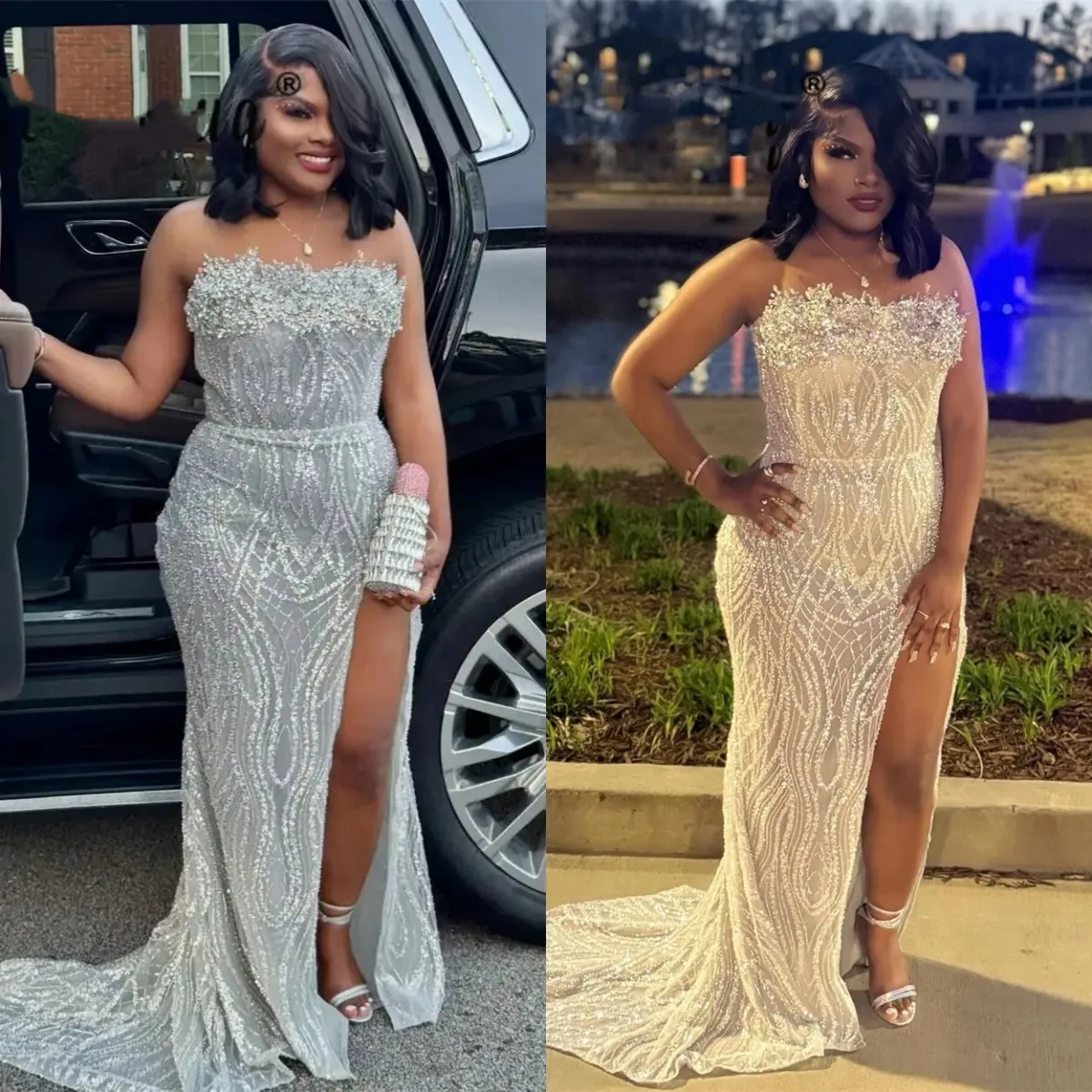 Luxury Evening Dresses Strapless Sequin Rhinestone Split Side Gown ...