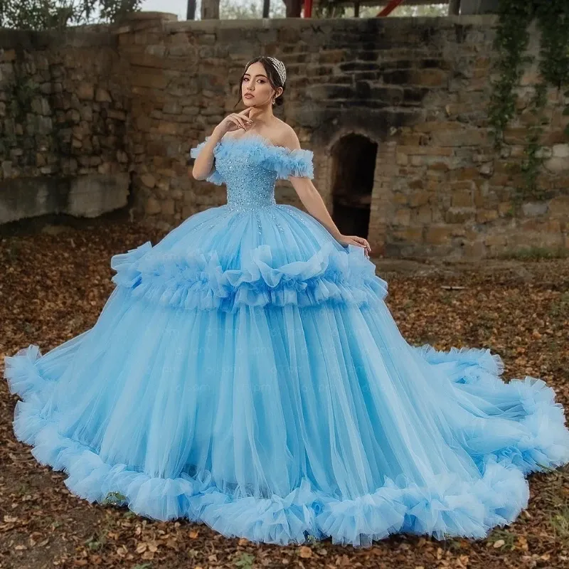 Sky Blue Off Shoulder Quinceanera Dress Beaded... From Zaomeng321, $284 ...