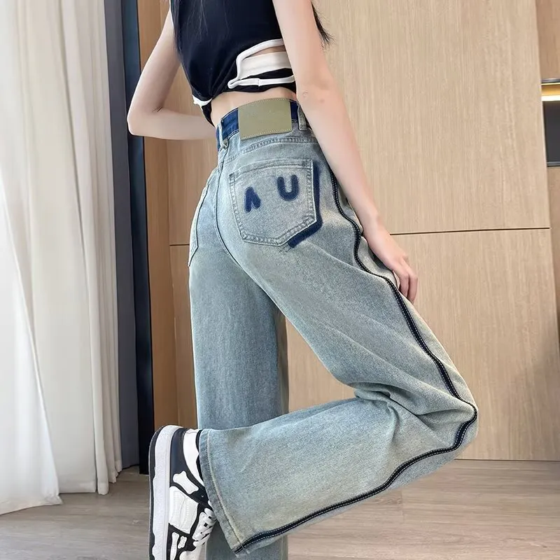 Baggy High Tailled Jeans Mit Designs Frauen Locker Fit Gerade Beinhosen ...