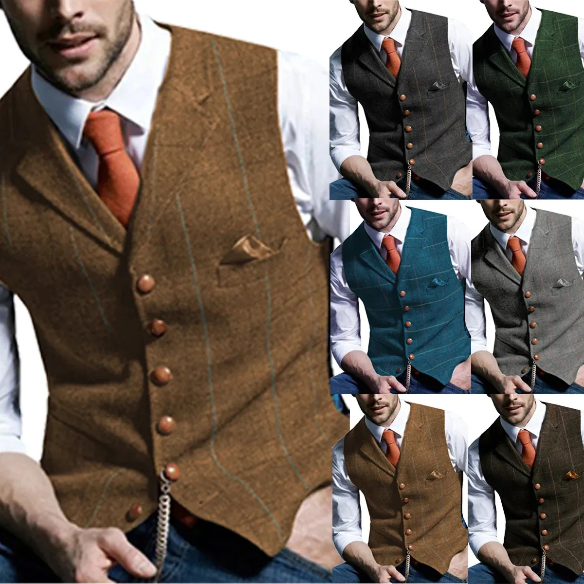 Men's Brown Tweed Waistcoat: Casual Gentleman's Wool Vest Army Green ...