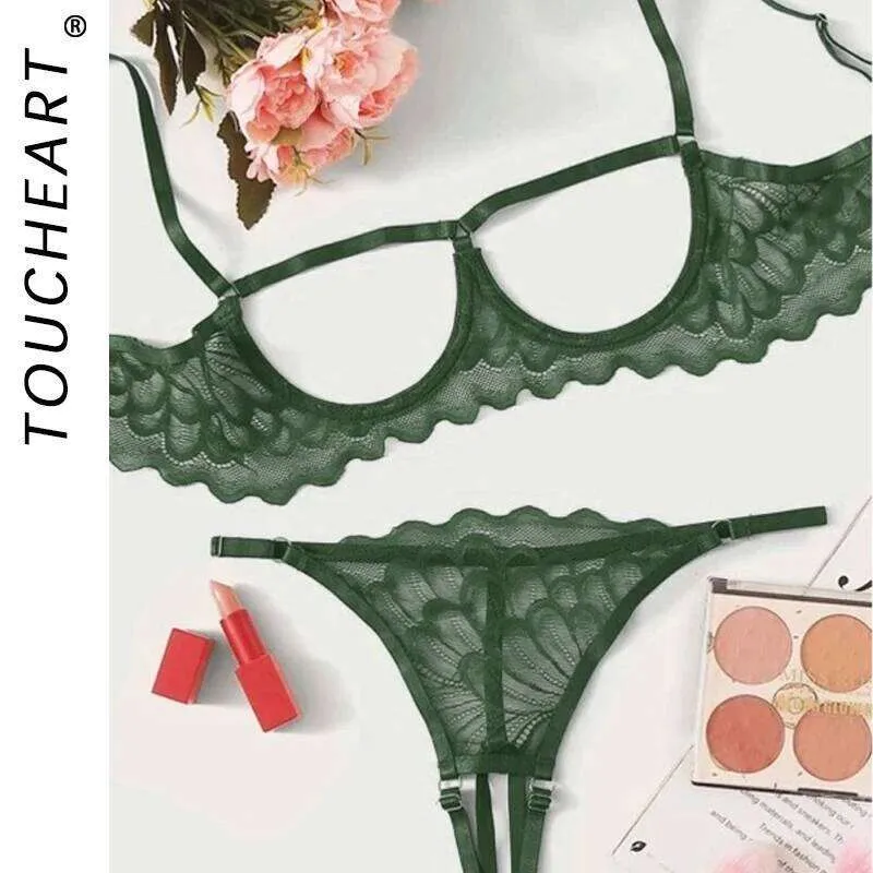 Toucheart Women S Sexy Mesh Green Lace Lingerie Set Showing Breasts