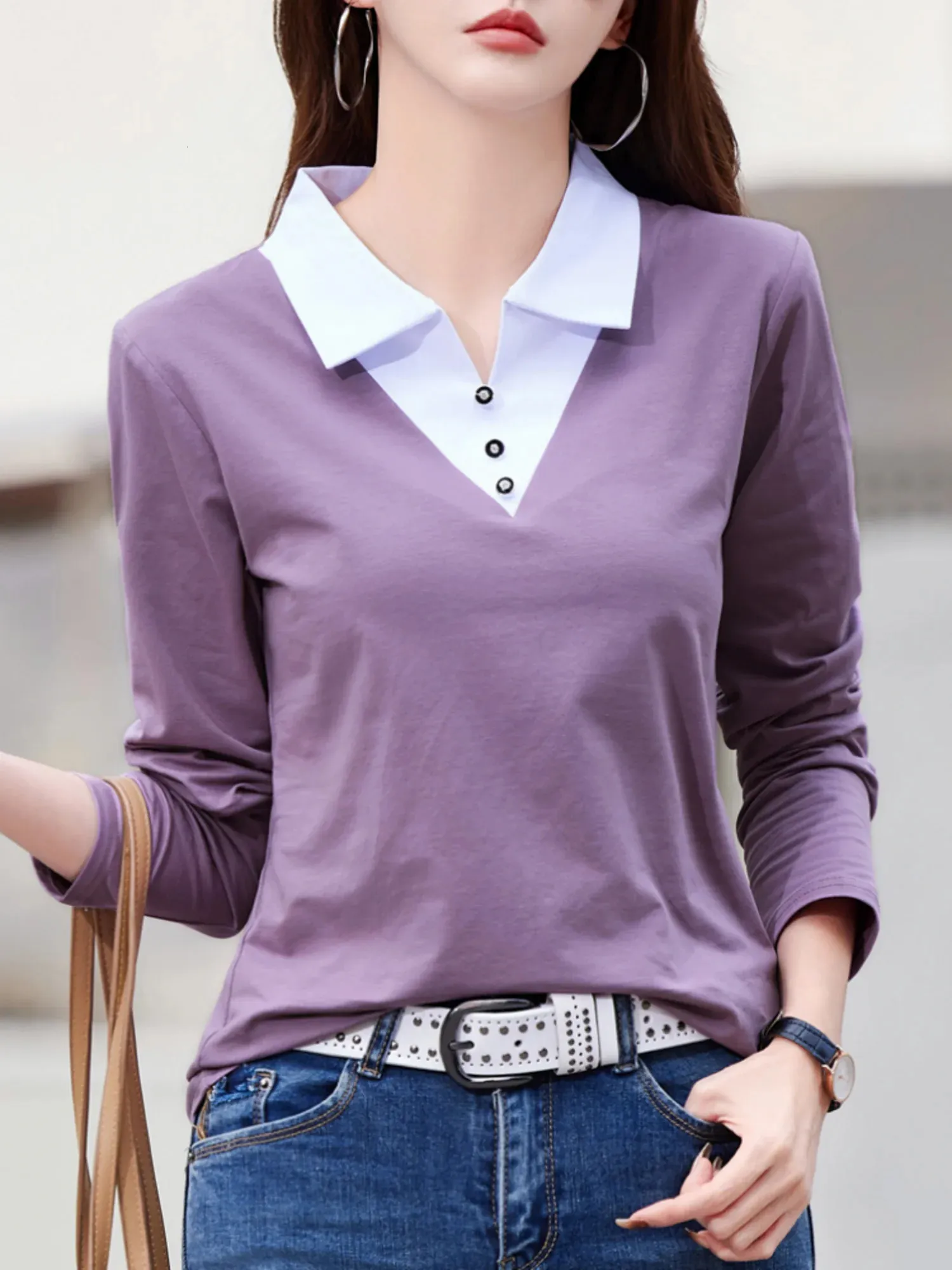 Color Block Button-Front Blouse, Elegant Collared Long Sleeve, Women's ...