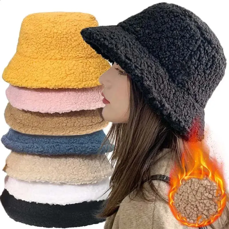 Lamb Wool Bucket Hats For Women Winter Warm Thickened Flat Top Outdoor ...