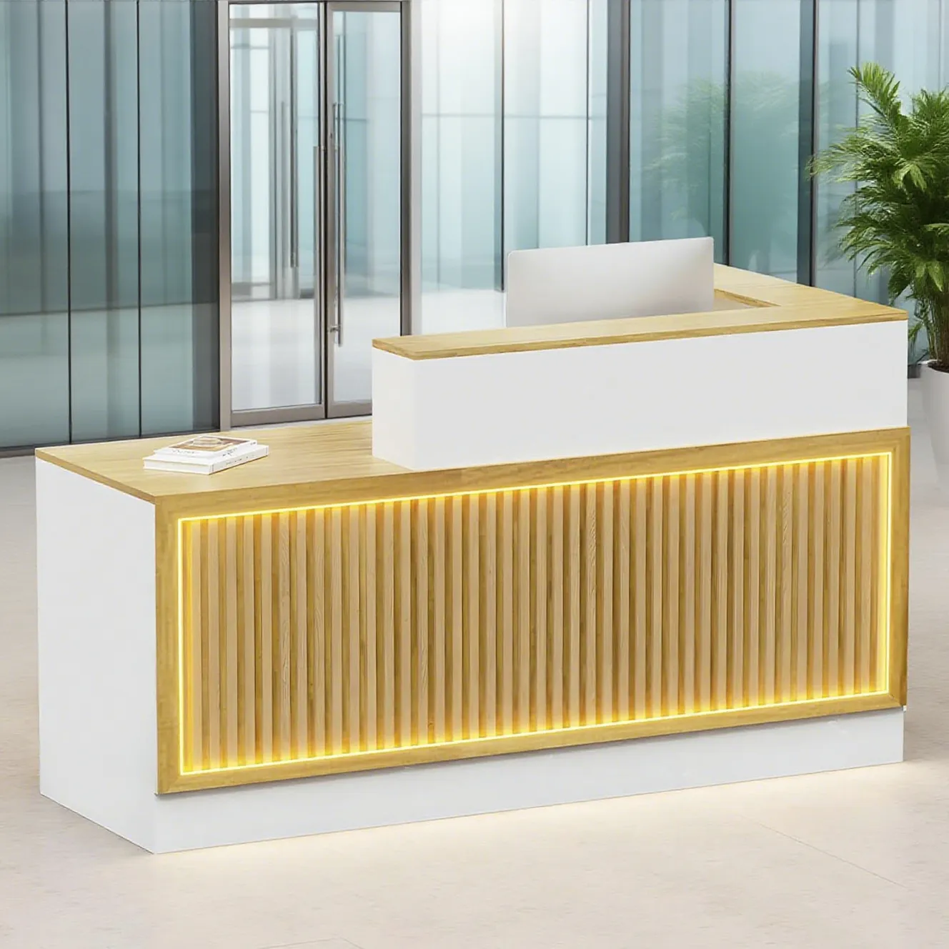 Modern L Shaped Led Light Reception Desk With Lockable Drawers And ...
