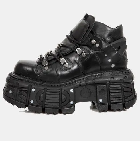 Men's Chunky Black Leather Dress Shoes with Rivet Details and Round Toe ...