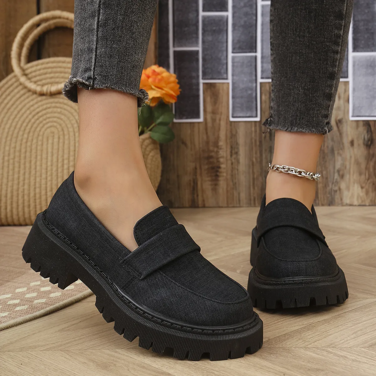 Womens Slip-On Loafers with Thick Sole, PU Upper, Fur Material, Hook ...