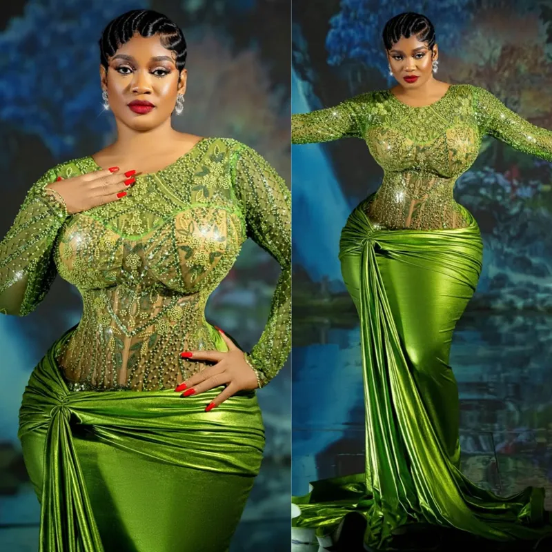 Plus Size Green Prom Dress 2025, Sheer Neck Long Sleeve Evening Gown ...