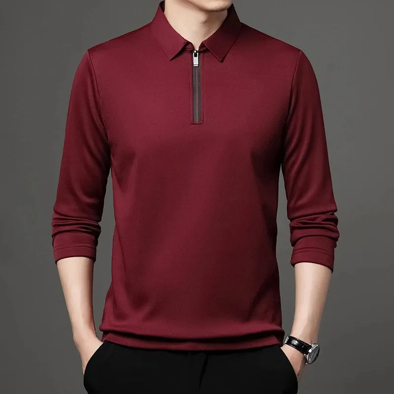 Mens Solid Color Long Sleeved Polo Shirt Classic Knit Fabric for Formal ...