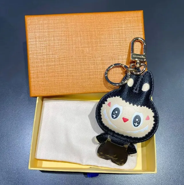 Leather Labubu Keychain Charm with Stainless Steel and 18K Gold-Plated ...