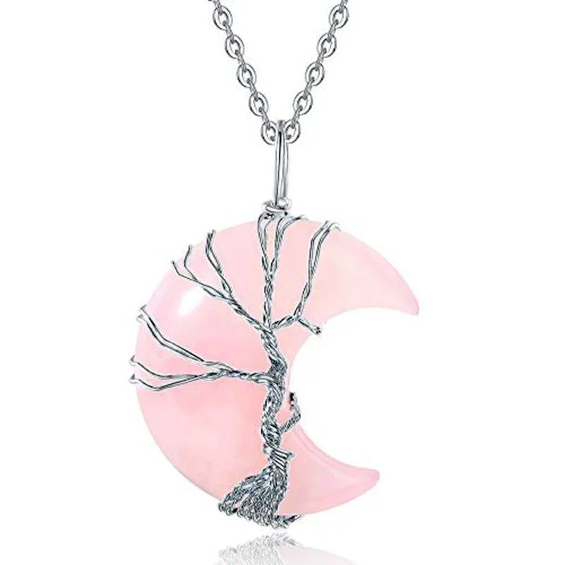 Tree of Life Crescent Moon Pendant Necklace with Natural Quartz Stone ...