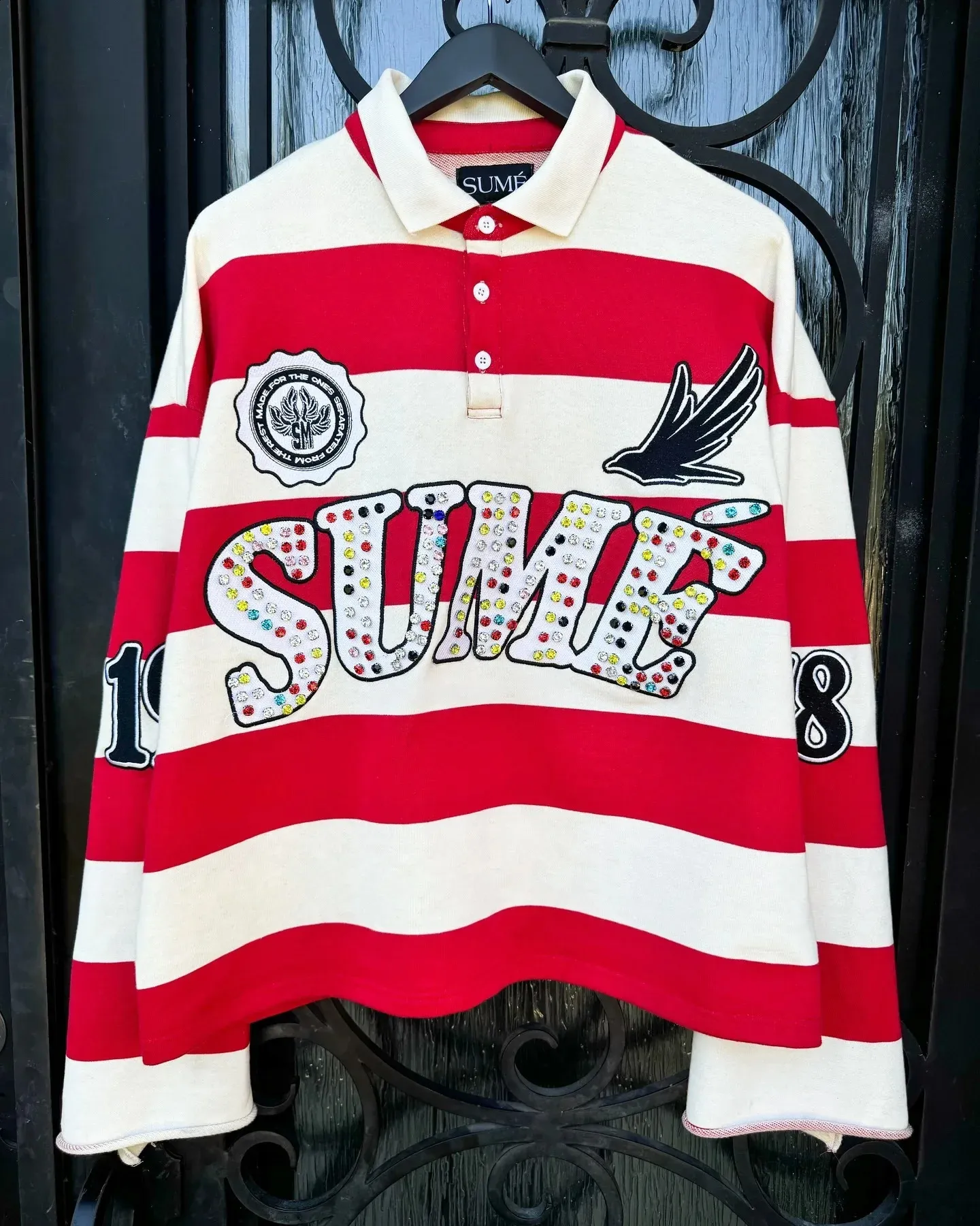 Hip Hop Graphic Embroidery Patchwork Stripe Long Sleeve Round Neck T ...