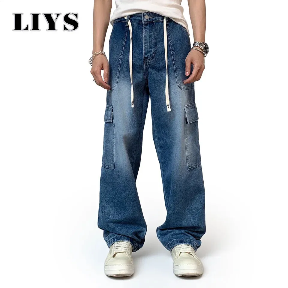 Men's Multi-Pocket Retro Blue Workwear Jeans Youth Loose Straight Leg ...