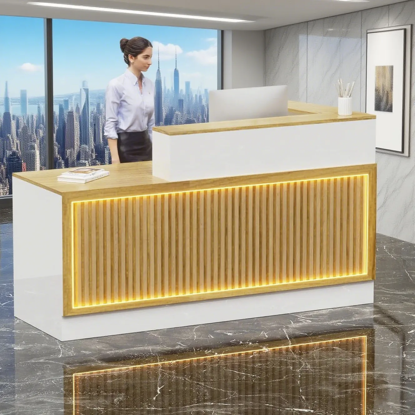 L Shaped Reception Desk With Counter: Modern Minimalist Transaction ...