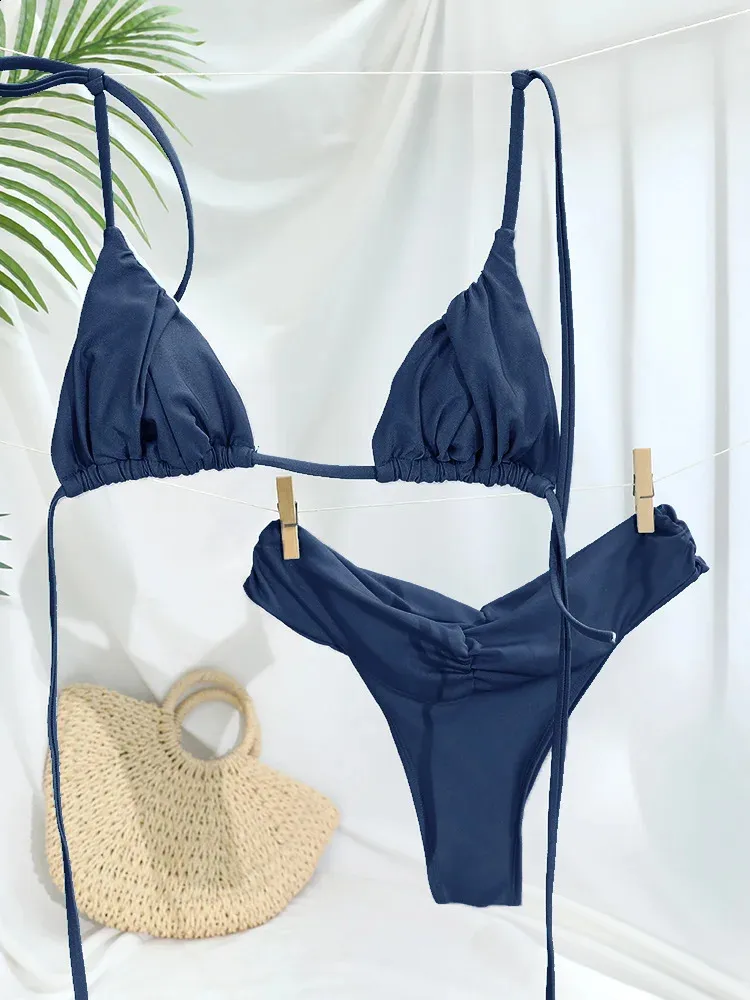 Sexy Folds Bikini Set Solid Triangle Micro Swimsuits For Women ...