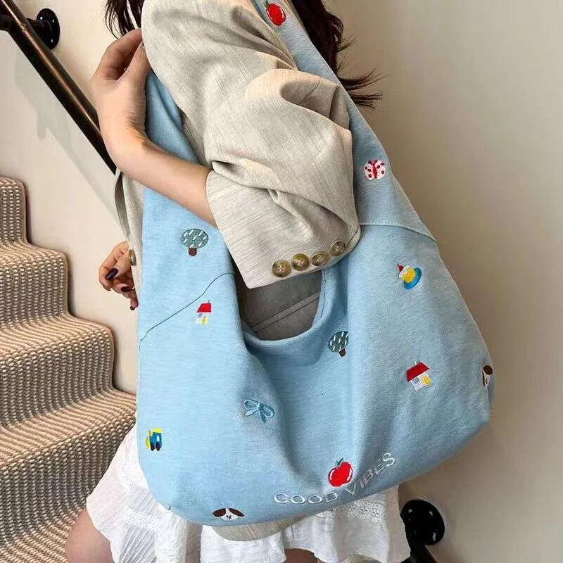 Embroidered Denim Crossbody Bag: Korean Style Canvas Shoulder Tote For ...