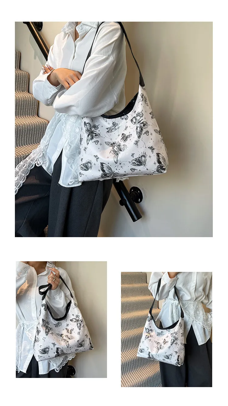Fresh Butterfly Print PU Shoulder Bag for Women Medium Size with String ...