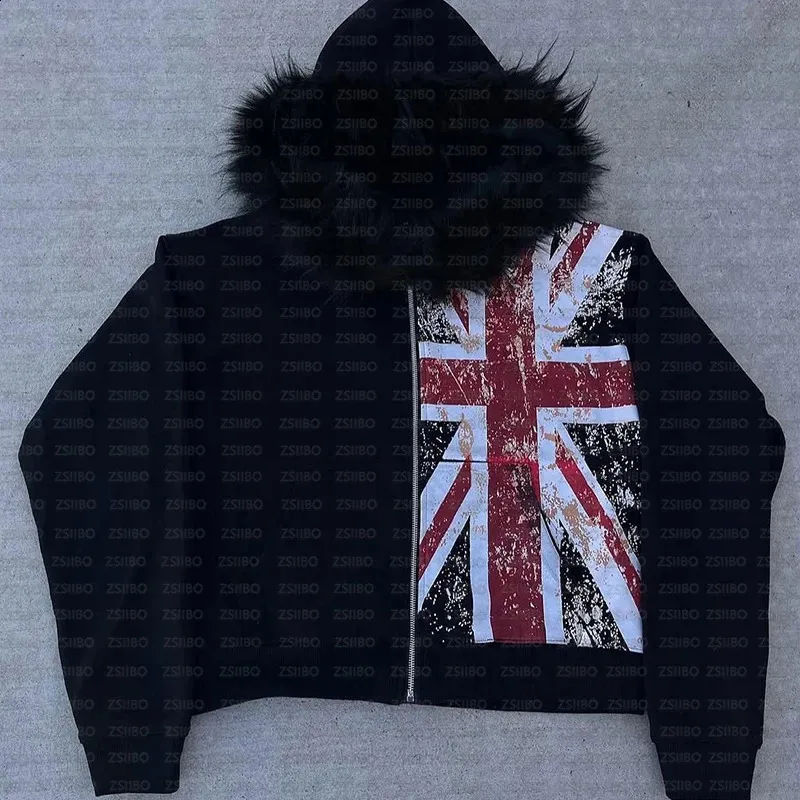 Black Printed National Flag Fur Collar Oversized Hoodie Mens Y2K ...