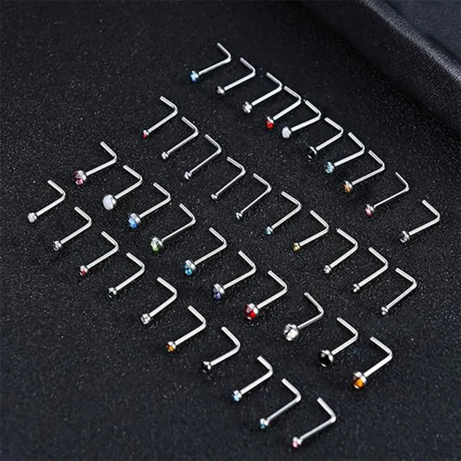 20G Stainless Steel Nose Studs 40 Pack Curved L Shaped Piercing Rings ...