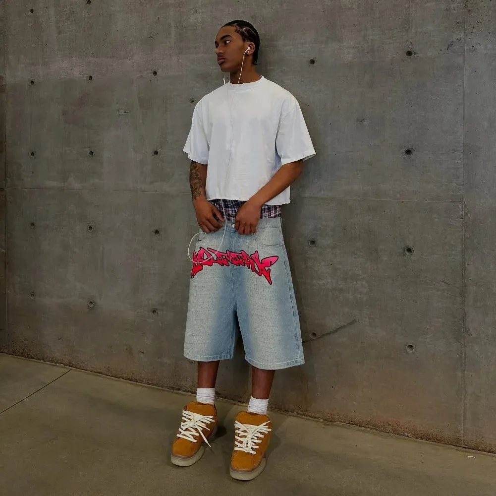 Men Vintage Washed Acrylic Knit Denim Shorts with Pink Graffiti Patch ...