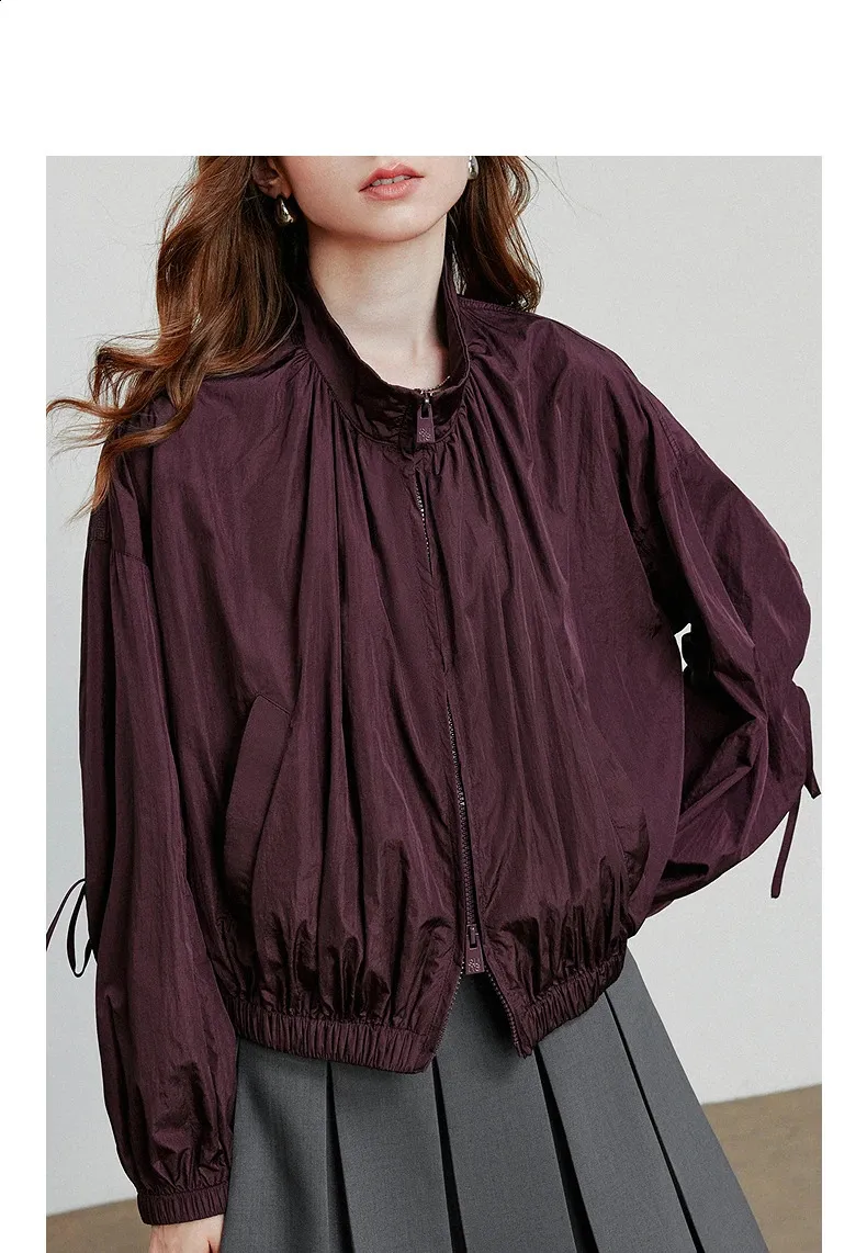 TOYOUTH Women Coat Autumn Sun Protection Stand Up Collar Jacket Wine ...