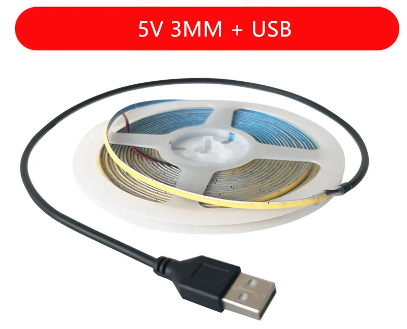 New Style Usb 5V 3mm Wide COB LED Strips Light High Density Flexible Tape Ribbon LED Light Strip ...