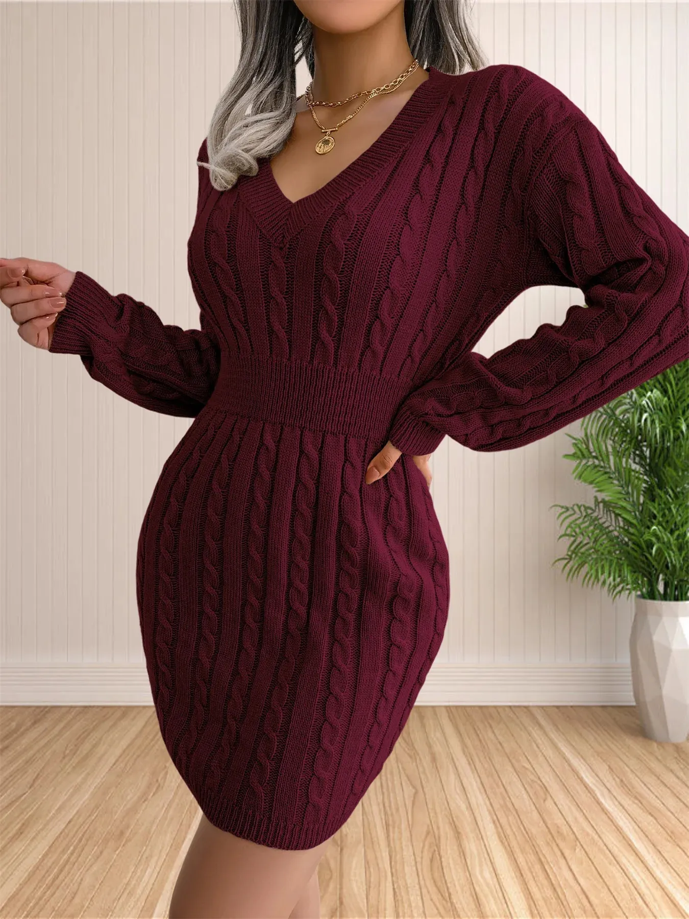 Women Floor-Length Knitted Sweater Dress Sheath with Boat Neck and ...