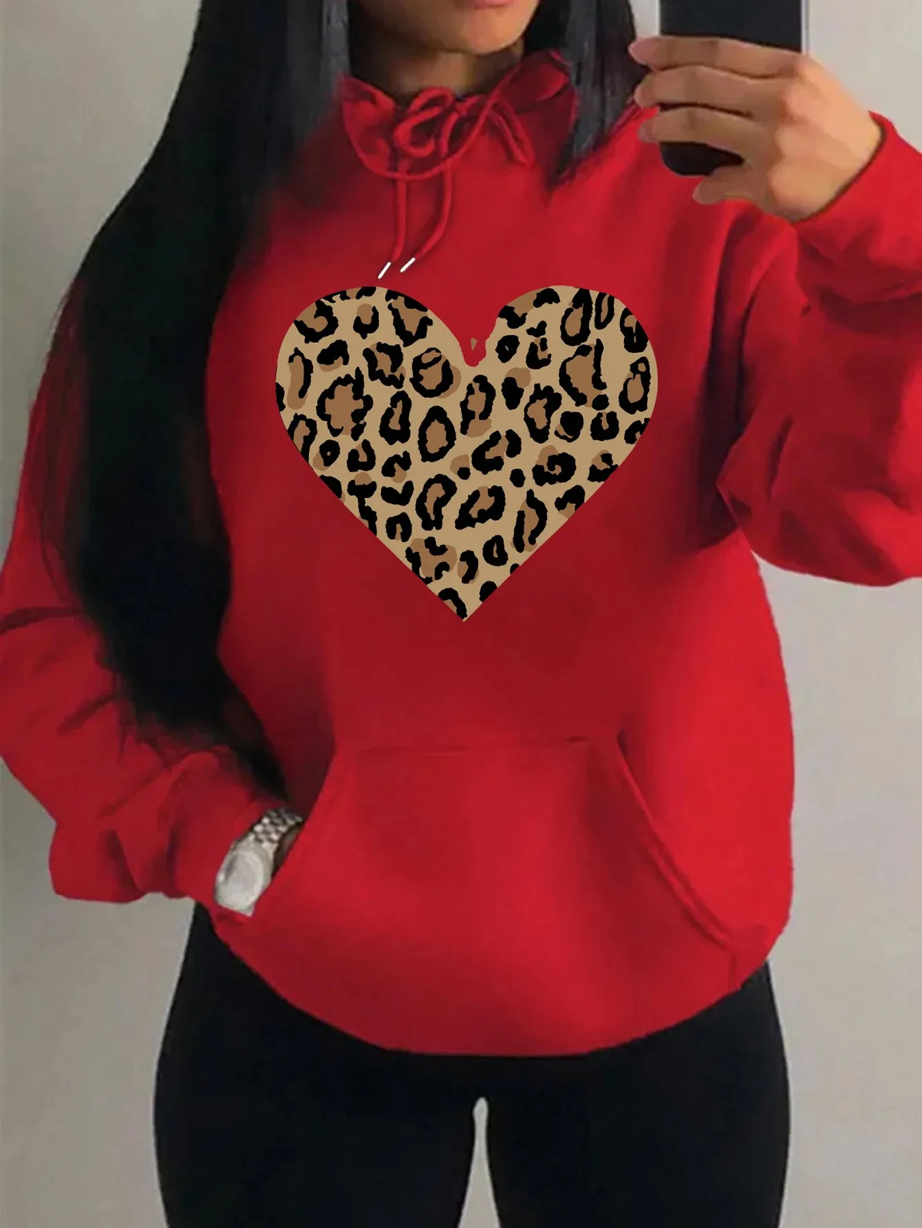 Simple Leopard Print Heart Hoodie for Women, Oversized Fleece, Autumn ...