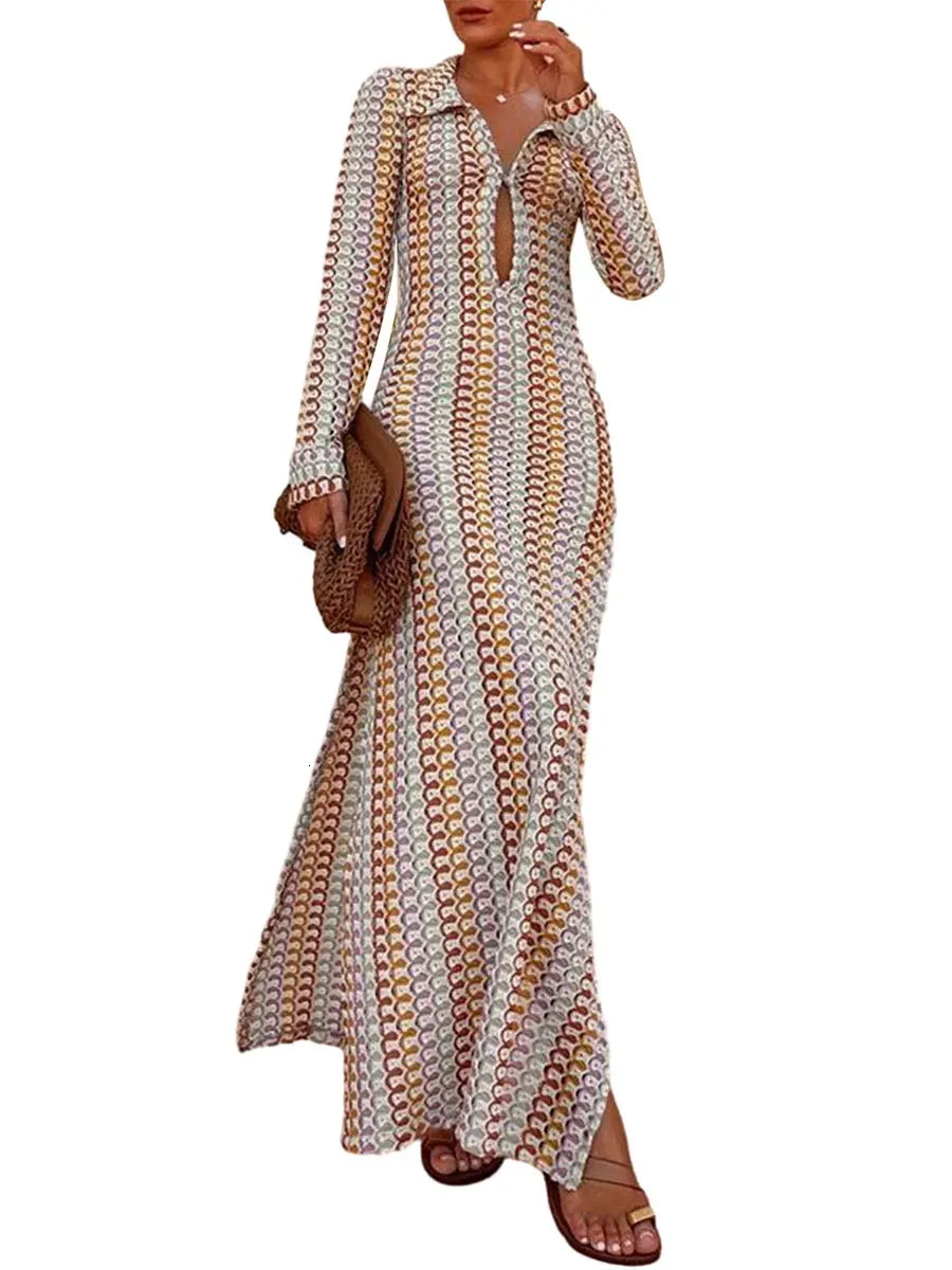 Fashion Women's Summer Crochet Long Dress Deep V-Neck Long Sleeve Thigh ...