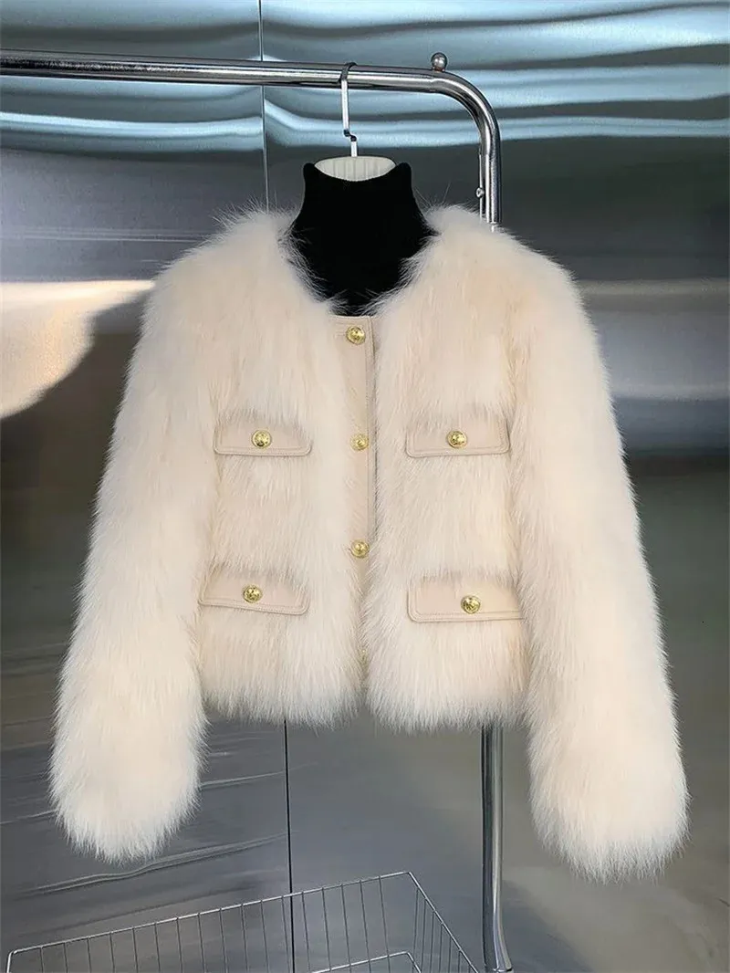 Autumn Winter Women's Short Faux Fur Coat Round Neck Long Sleeve Fur ...