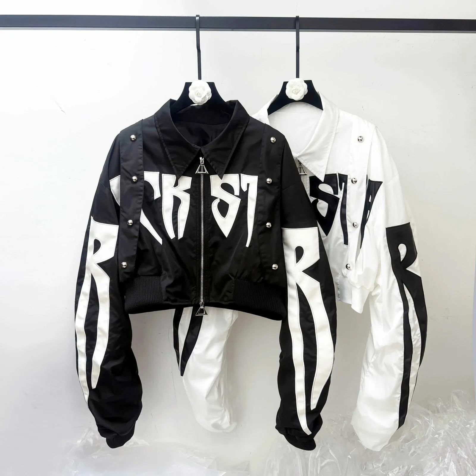 Black and White Letter Embroidery Leather Patches Rivet Cropped Jacket ...