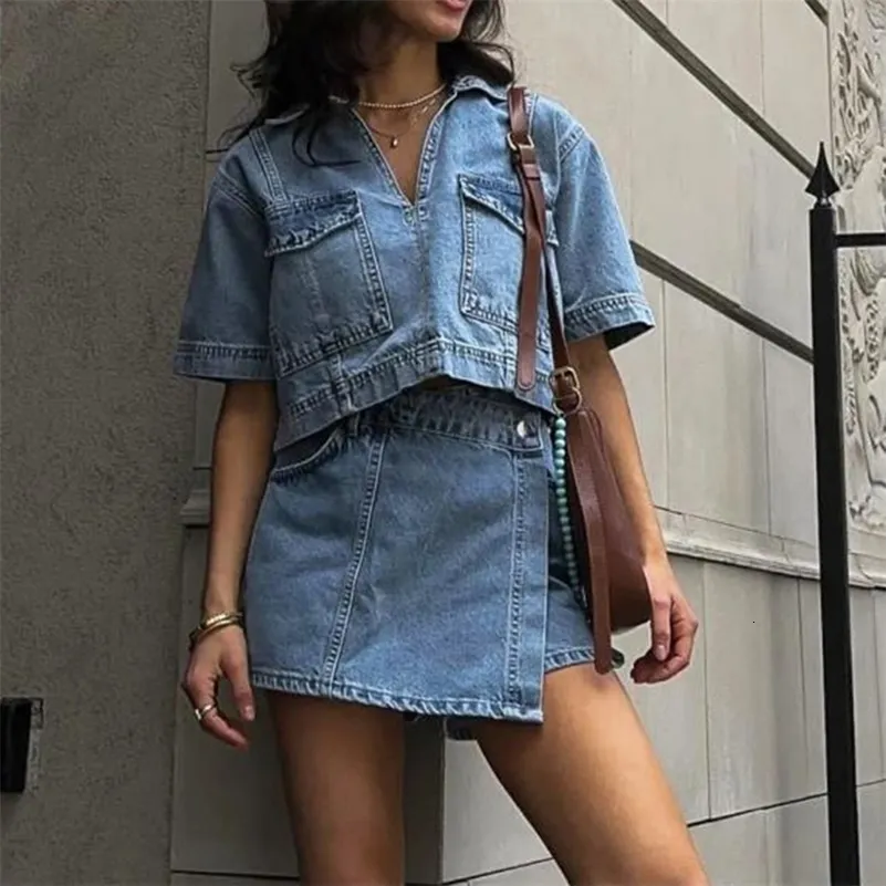 Denim Two-Piece Set Women V Neck Short Sleeve Tunic Top Irregular Hem ...
