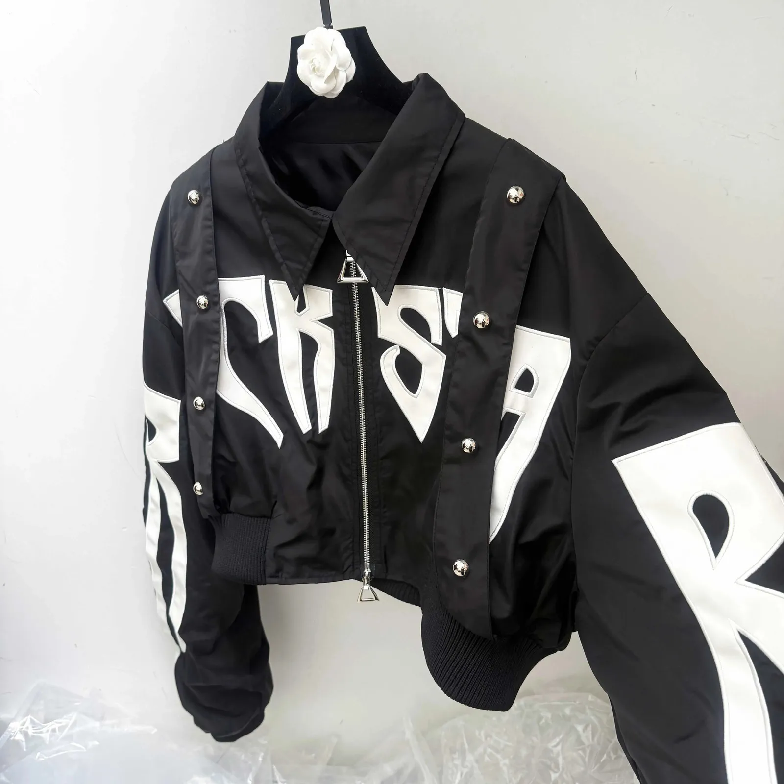 Black and White Letter Embroidery Leather Patches Rivet Cropped Jacket ...