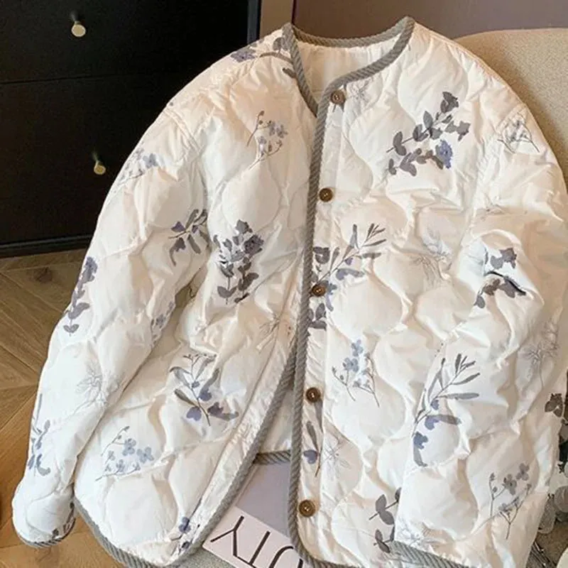 Chinese National Wind Floral Round Neck Cotton-Padded Jacket Coat Women ...