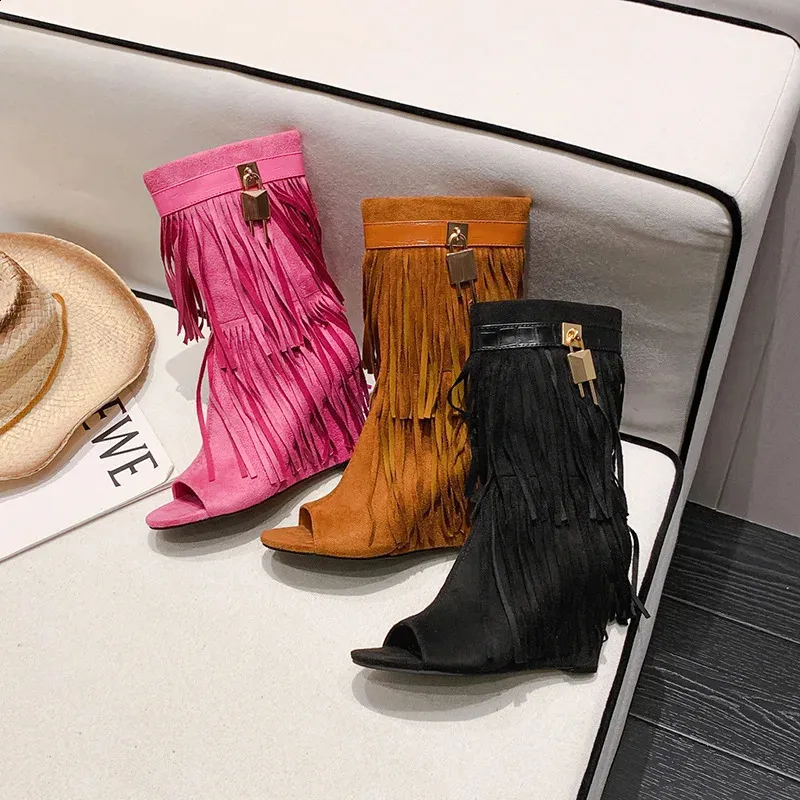 Fringe Wedges Boot Sandals: Women's High Heels Open Toe Party Prom ...