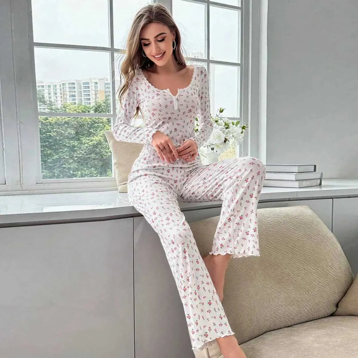 Womens Summer Pajamas Set Floral Print Lettuce Trim Long Sleeve Top and ...