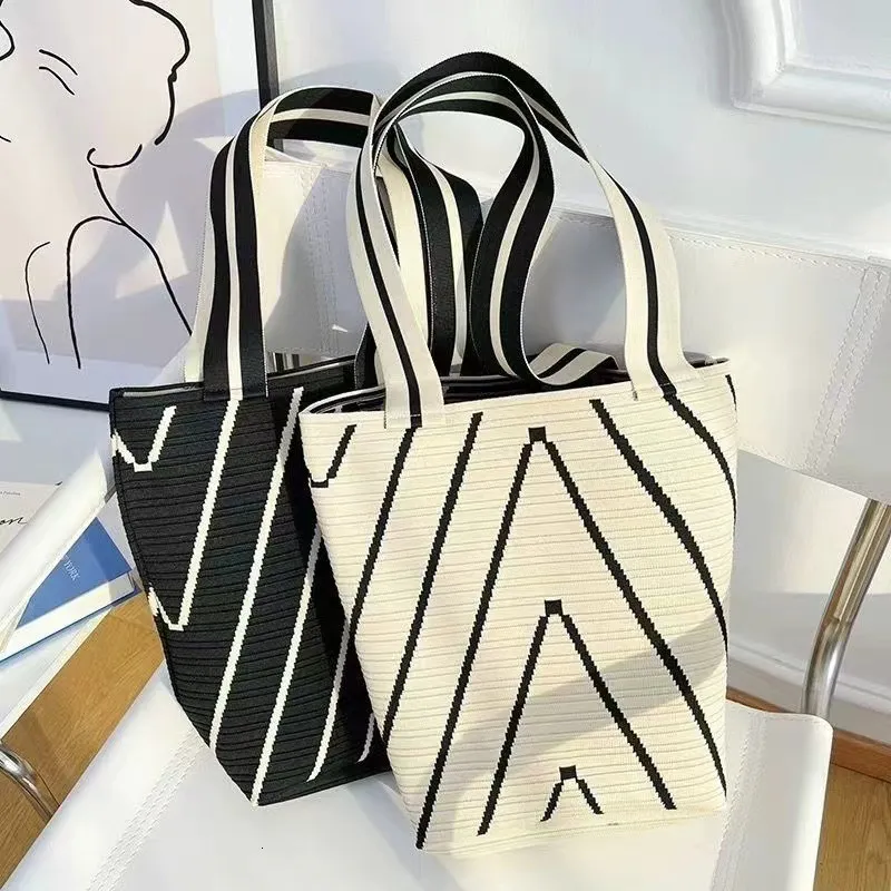 Designer shoulder tote bag with niche wave pattern large capacity woven ...