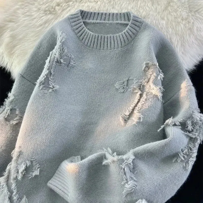 2025 Y2k Streetwear Sweater Men Retro Hole Fringed Loose Knitwear ...