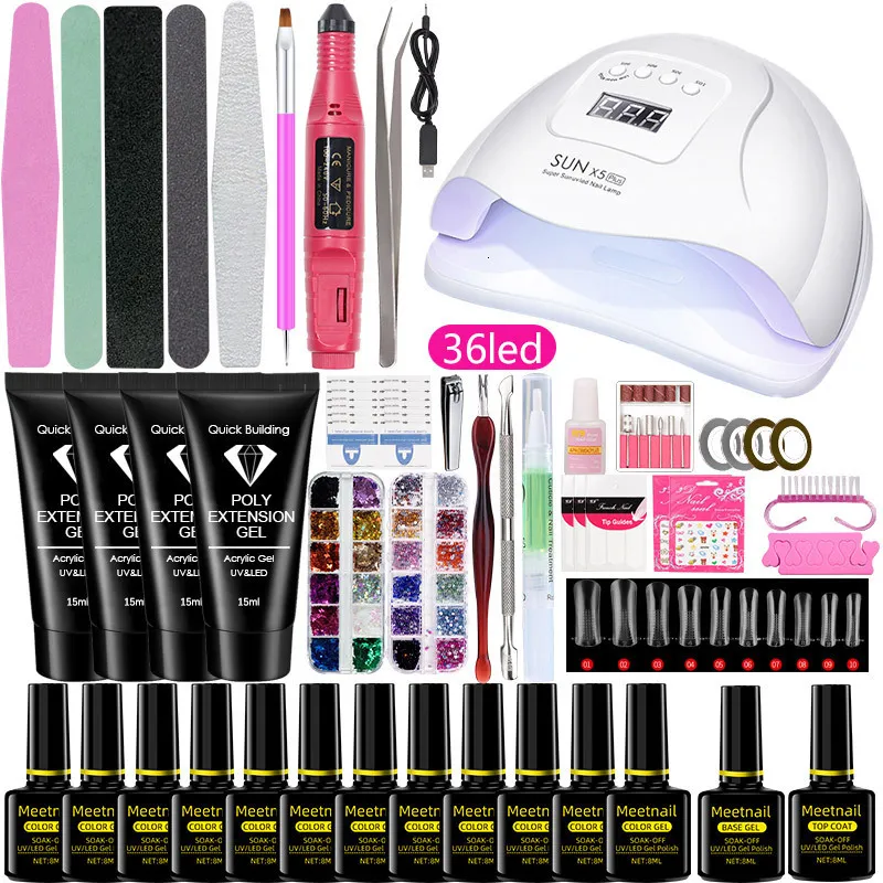 Nail Manicure Set Poly Gel Kit With 36 132W UV LED Lamp Polish Soak Off ...