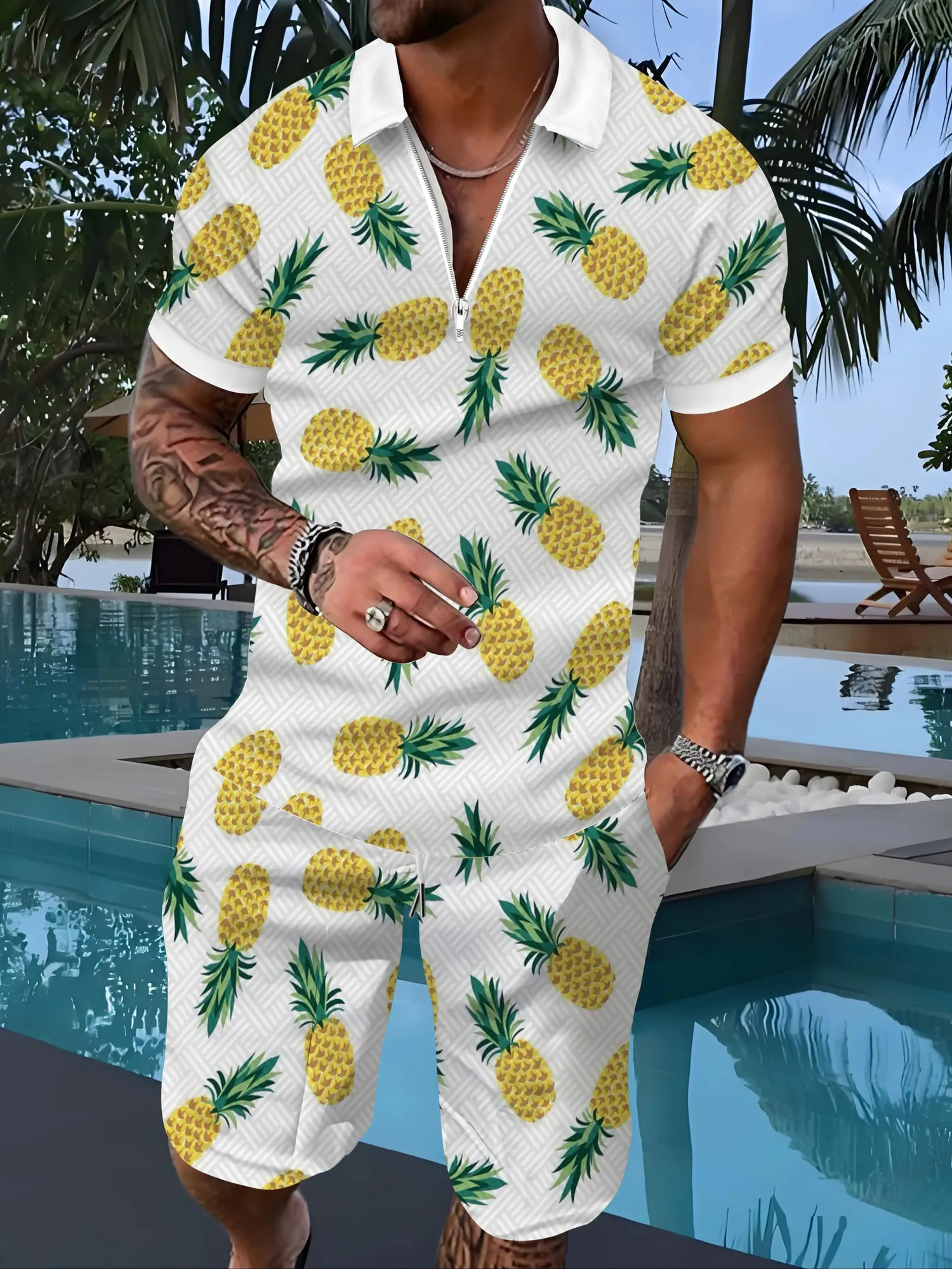 Mens Casual Two Piece Set Pineapple Palm Tree Pattern Summer Travel ...