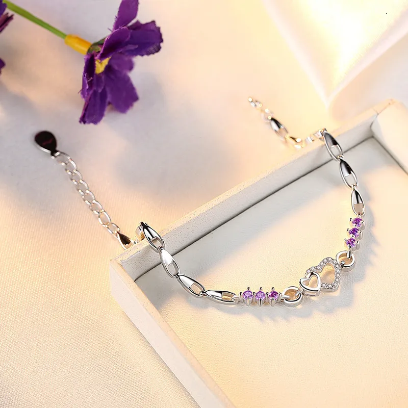 925 Sterling Silver Bracelet with Purple Crystal Zircon Heart Charm for ...