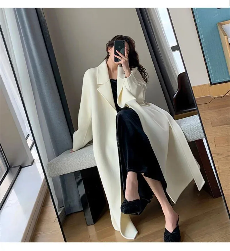 White Woolen Coat Women Autumn Winter Long Thick Blended Wool ...